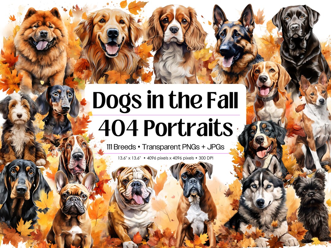 Dogs in Fall Clipart Bundle • 111 Breeds, 404 Watercolor Puppy Images ...