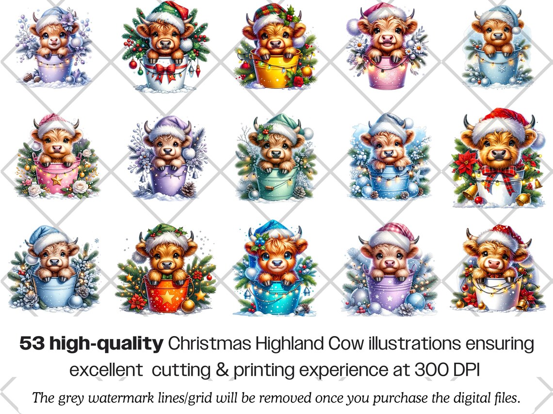 Christmas Highland Cows PNG Clipart Bundle, Cute Baby Highland Cows in ...