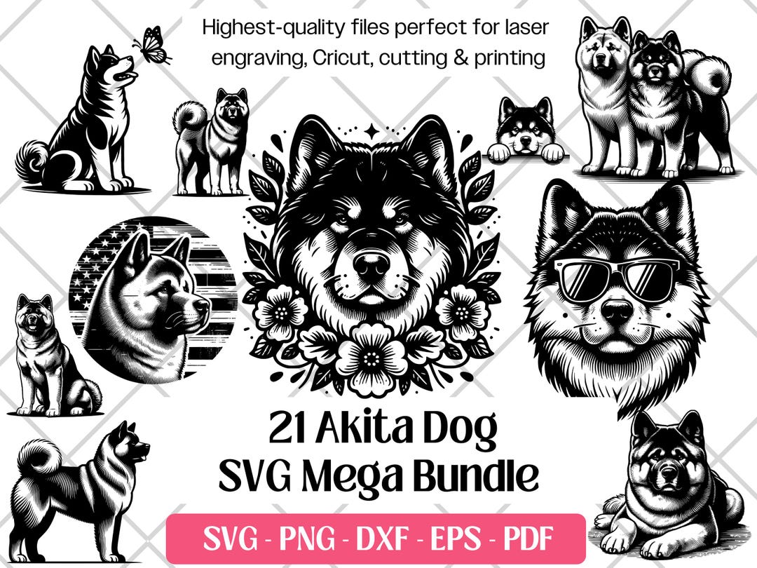 Akita SVG Bundle, Dog Vector, PNG, DXF, Eps, Pdf Cutting and Laser ...