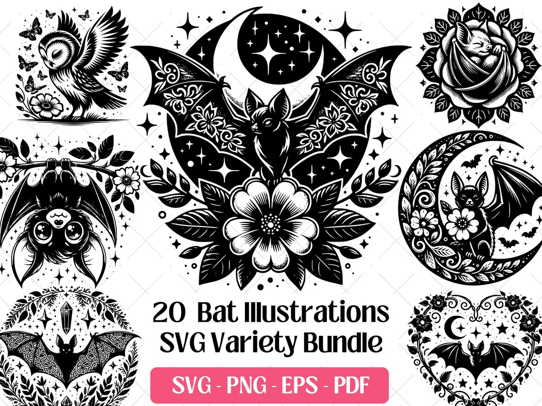 Bat SVG Bundle · Halloween Gothic Floral Moon Clipart PNG PDF · Cricut ...