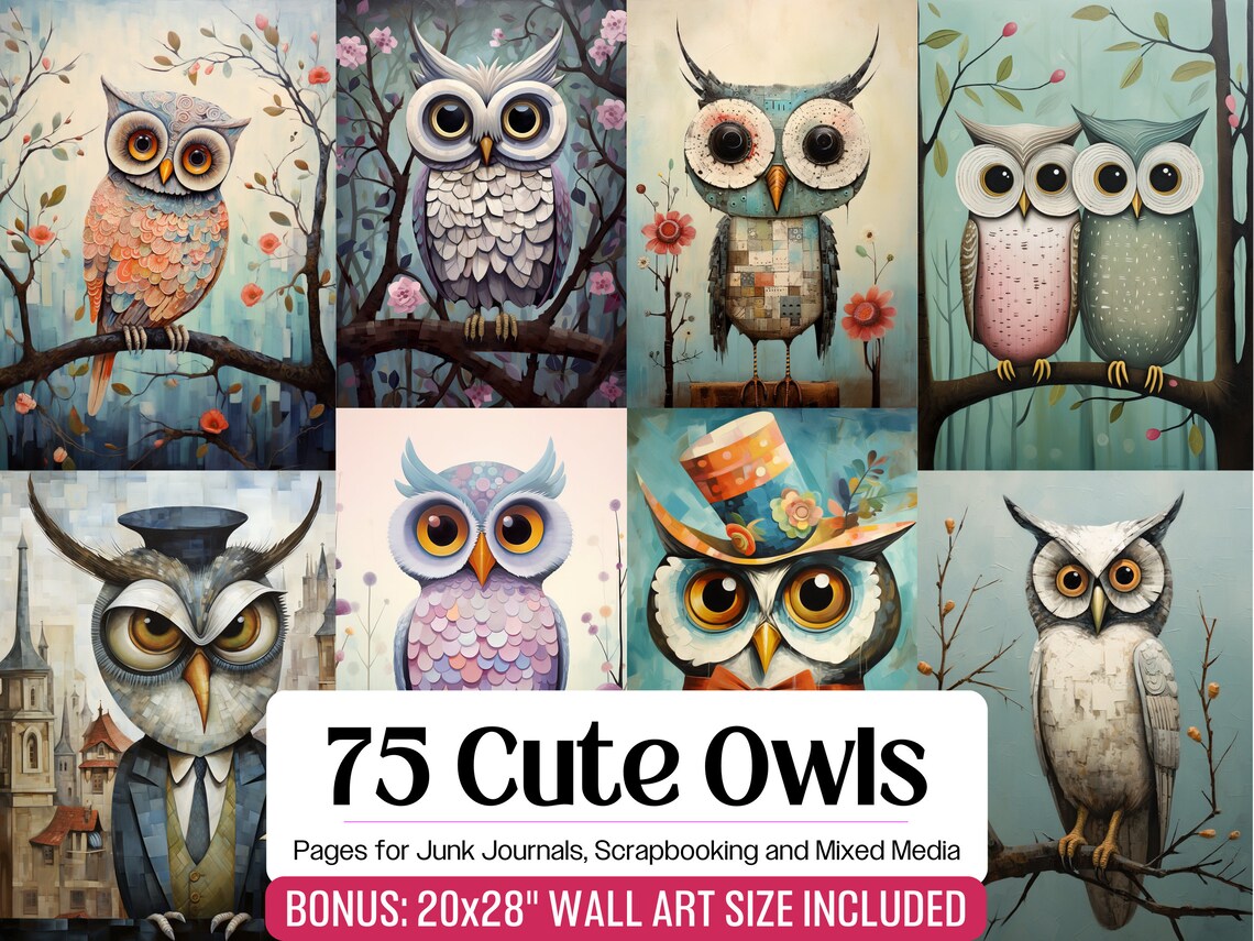 Cute Owls Junk Journal Pages • Scrapbooking Mixed Media Ephemera • Owl ...