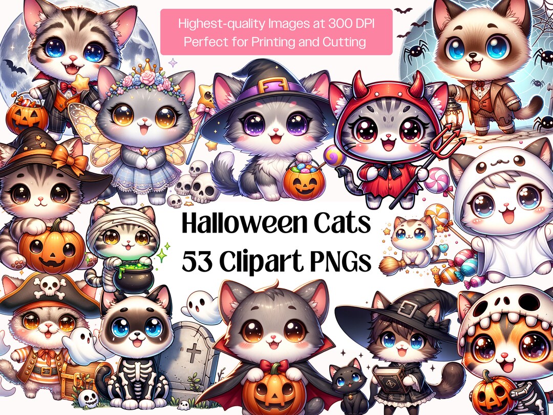 Halloween Cats Clipart Bundle, 53 Cute Cats in Halloween Costumes ...