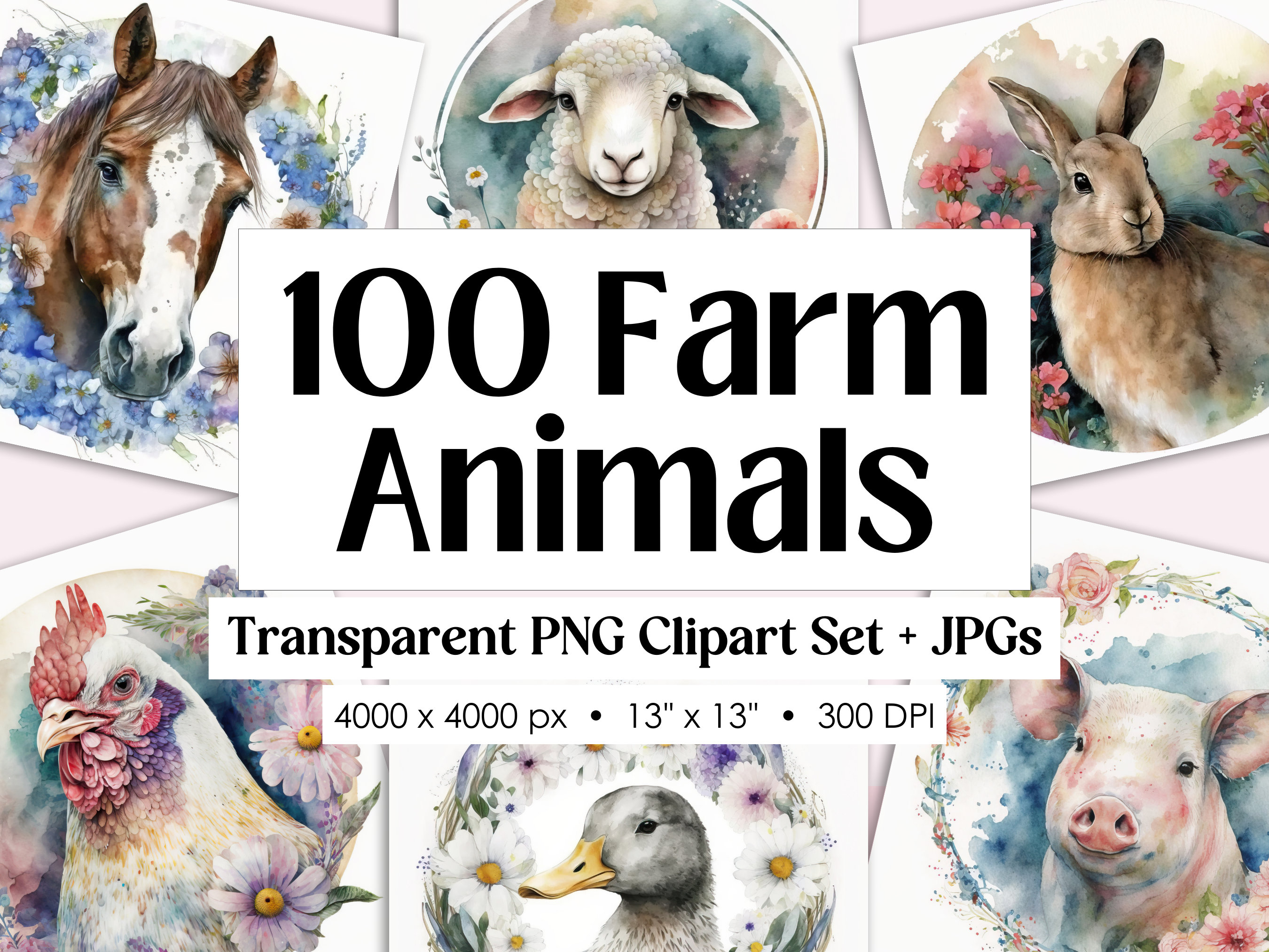 100 Farm Animals Clipart Value Pack Watercolor Transparent PNG JPG Sets ...