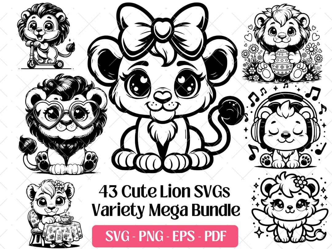 Cute Lion SVG Bundle, Funny Cartoon Kawaii Baby Lion Safari Animal ...