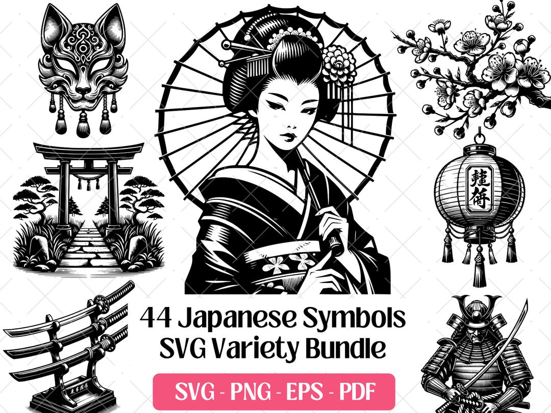 Japanese Cultural Symbols SVG Bundle · Asian Art Silhouette Japan ...