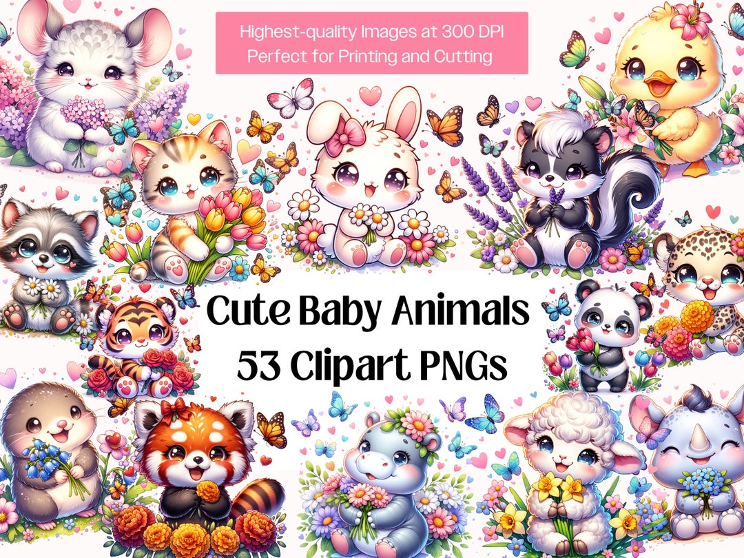 Baby Animals Clipart Bundle, 53 Watercolor Cute Baby Animal PNG ...