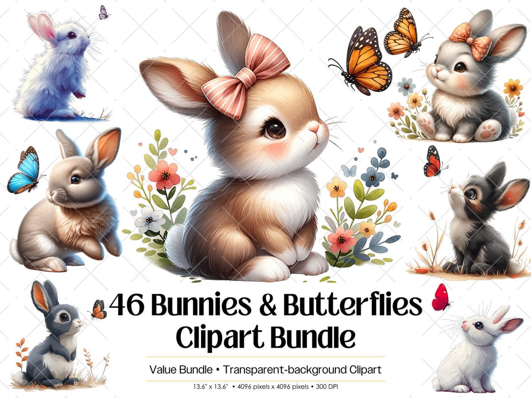 Bunny Butterfly PNG Bundle · Watercolor Rabbit Spring Floral Clipart - Etsy