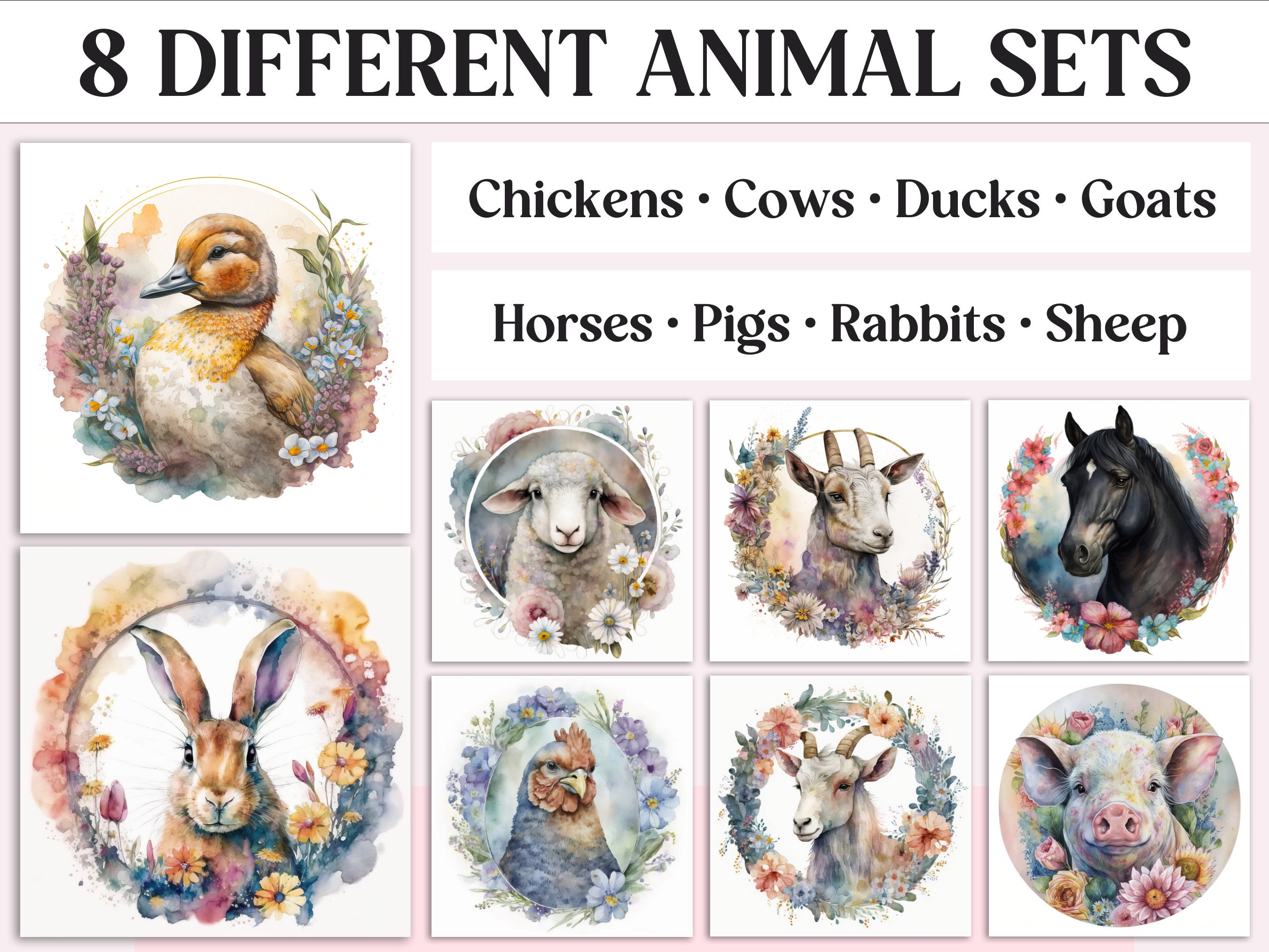 100 Farm Animals Clipart Value Pack Watercolor Transparent PNG JPG Sets ...