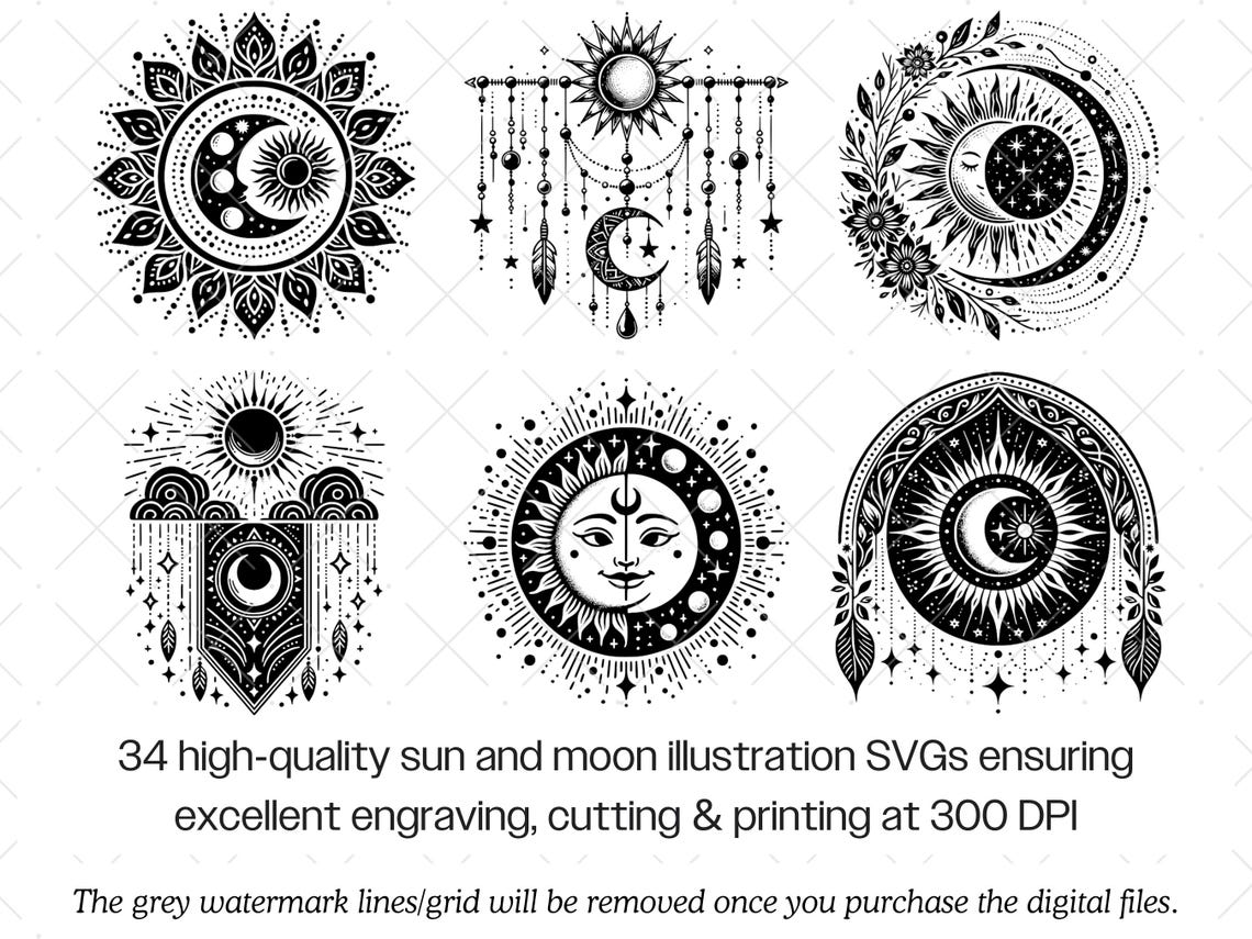 Sun and Moon SVG Bundle, Celestial Mystical Boho Clipart (png, Eps, Pdf ...