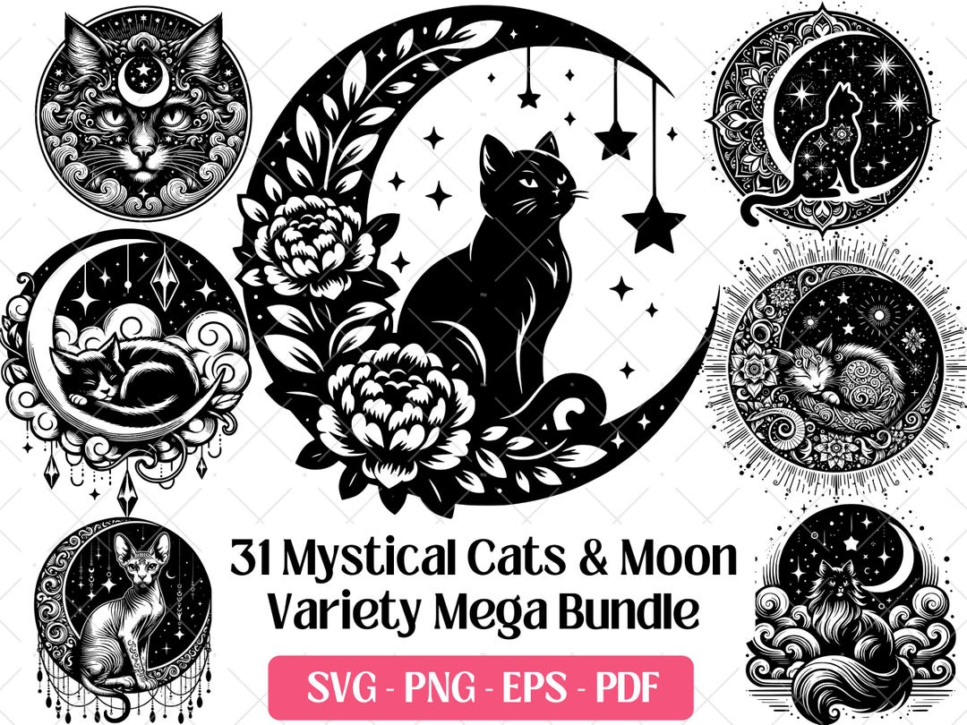 Mystical Cat and Moon SVG Bundle, Celestial Kittens Clipart Png Laser ...
