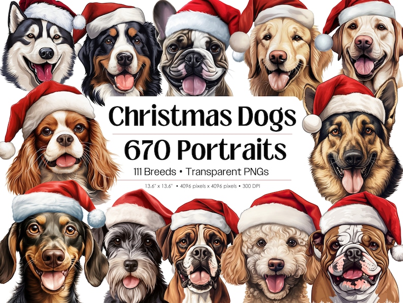 Christmas Dog Breed Portraits, Santa Hats, 670 PNG Clipart Sublimation ...