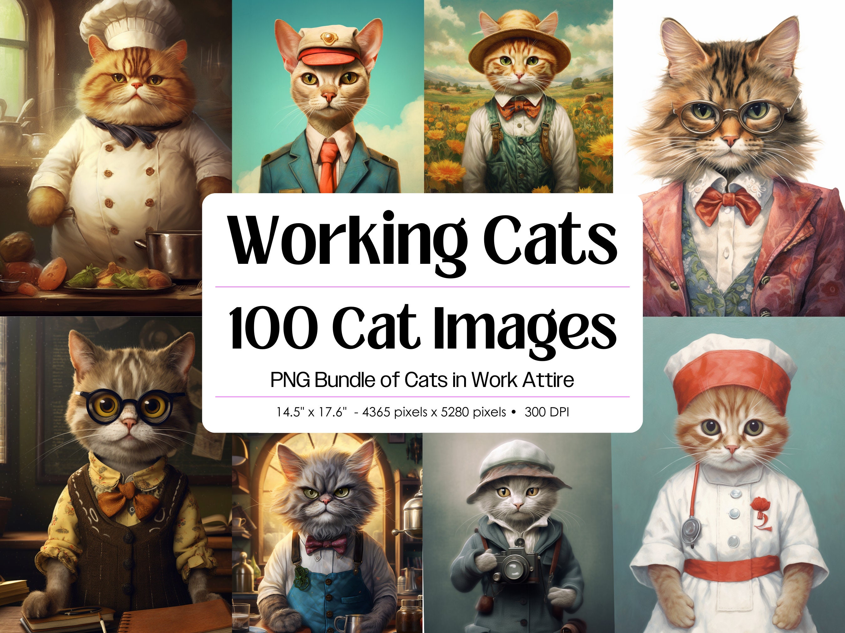 Cat Ephemera Pack, Cats at Work, 100 Cats in Work Attire, Cat PNG Pack ...