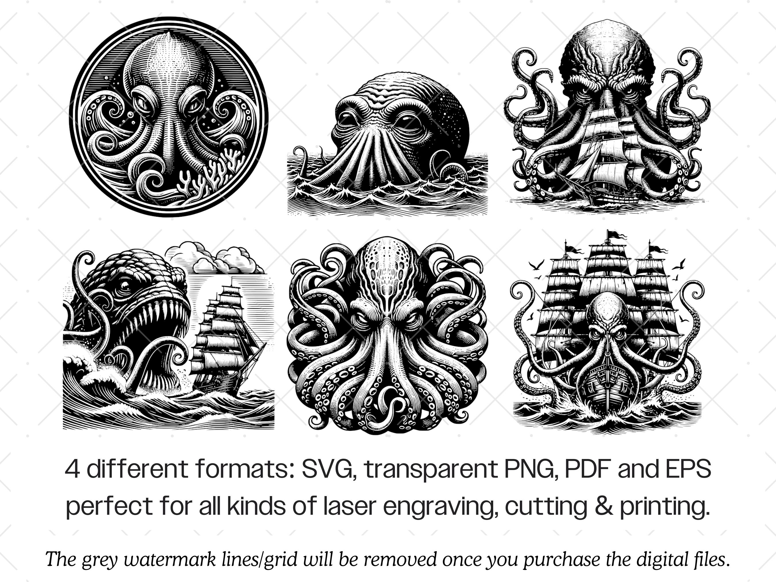 Kraken SVG Bundle, Mythical Sea Monster, Ocean Creature Design Clipart ...