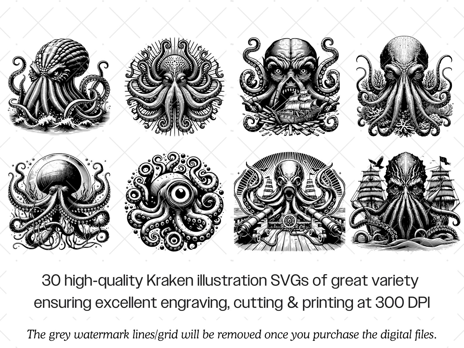 Kraken SVG Bundle, Mythical Sea Monster, Ocean Creature Design Clipart ...