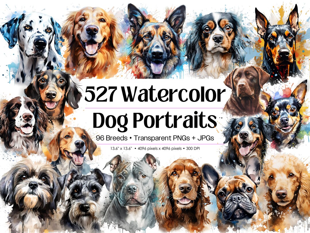 Watercolor Dog Clipart Bundle • 527 Dog Portraits With Ink Splash • 96 ...