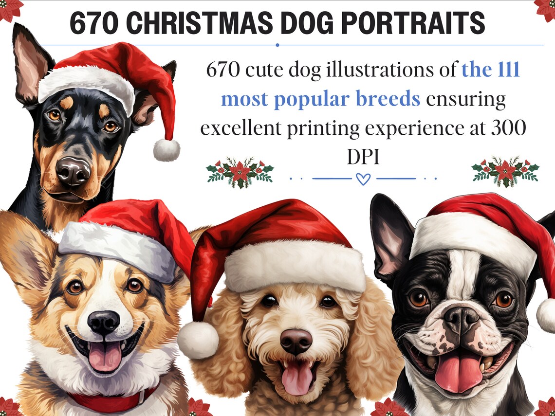 Christmas Dogs, 670 Santa Dogs PNG Clipart Bundle 111 Breeds, Christmas ...
