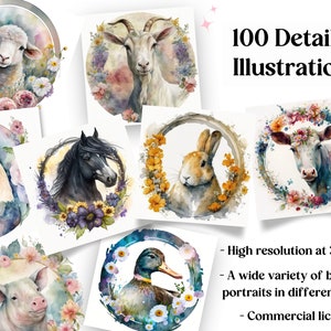 100 Farm Animals Clipart Value Pack - Watercolor Transparent PNG + JPG ...