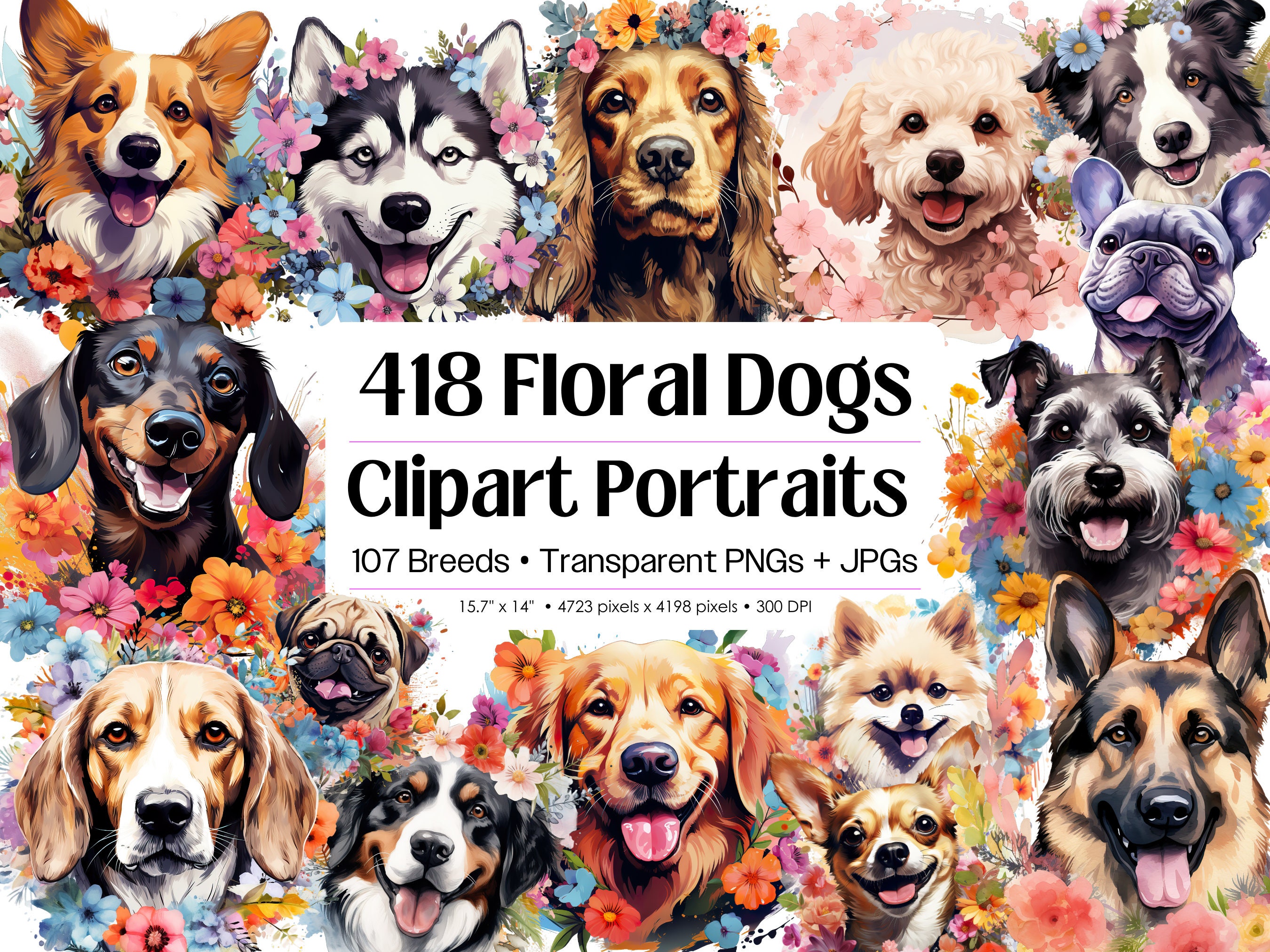 Watercolor Floral Dog Portraits Clipart Png Bundle • 418 Images, 107 ...