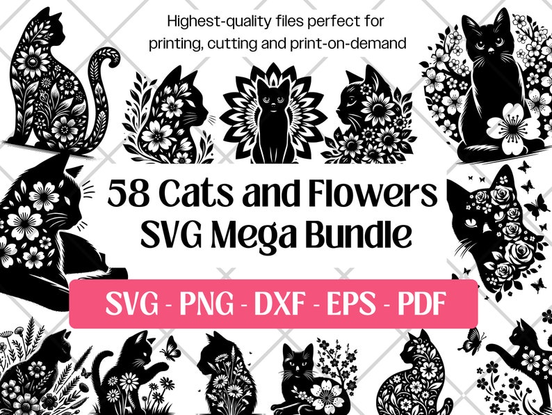 Floral Cat SVG Bundle • Cat and Flower Svg Files Vector Art PNG DXF Eps ...