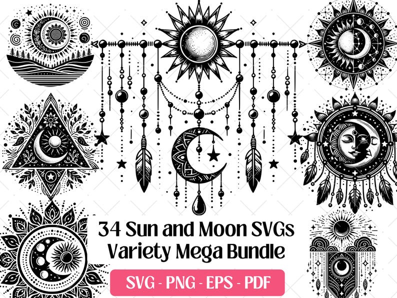 Sun and Moon SVG Bundle, Celestial Mystical Boho Clipart (png, Eps, Pdf ...
