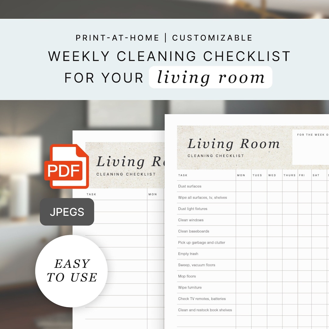 Living Room Cleaning Checklist by Week, Printable Download, Fillable ...