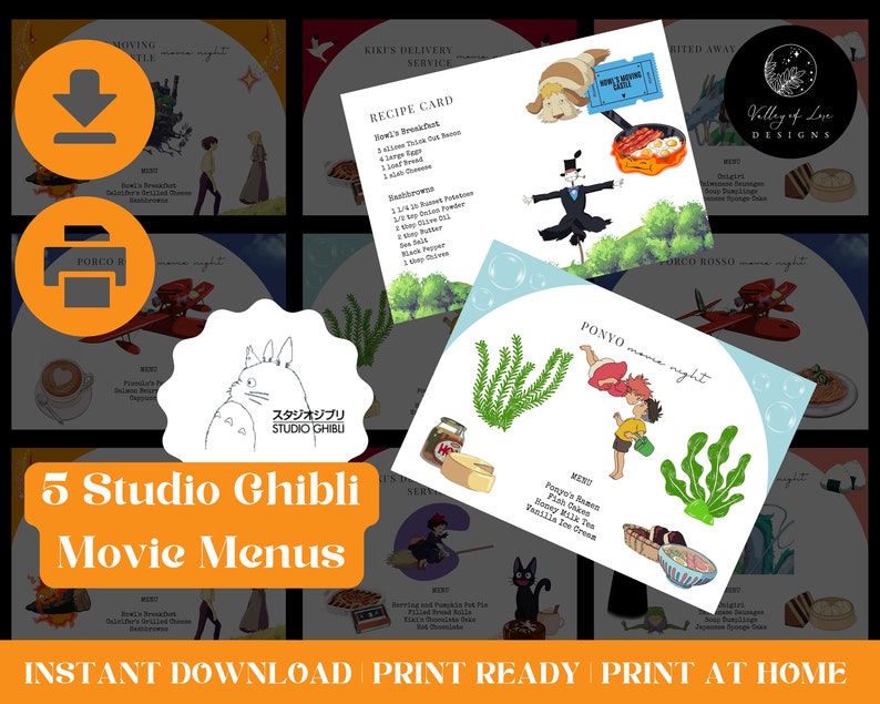 Studio Ghibli Dinner and Movie Cards, Dinner and Movie Printable Cards ...