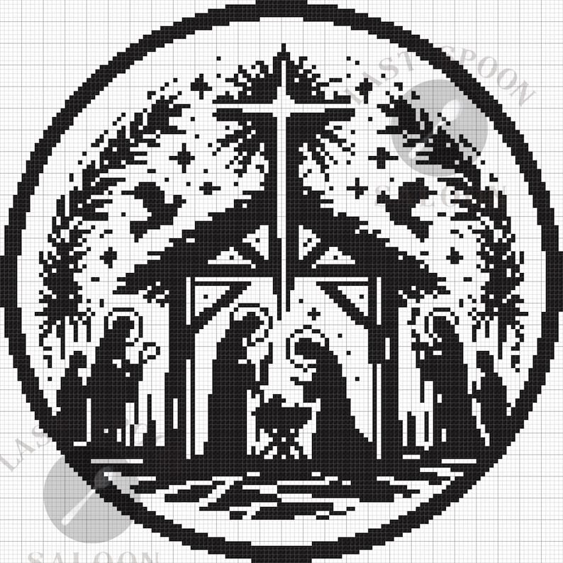 Christmas Nativity Scene (monochrome) Digital Cross Stitch Pattern for ...