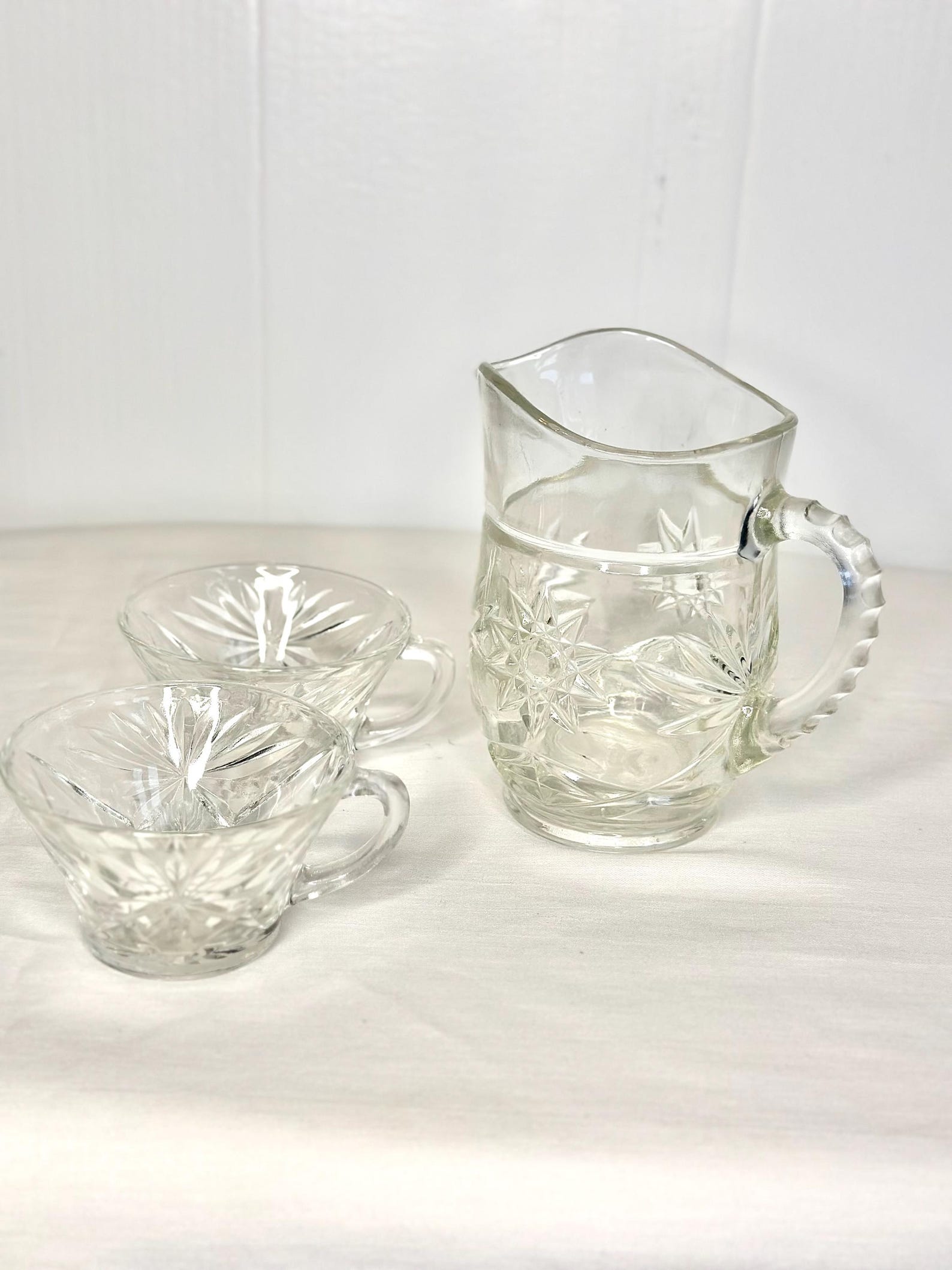 Vintage Starburst Glass Handled Pitcher & Cups - Etsy