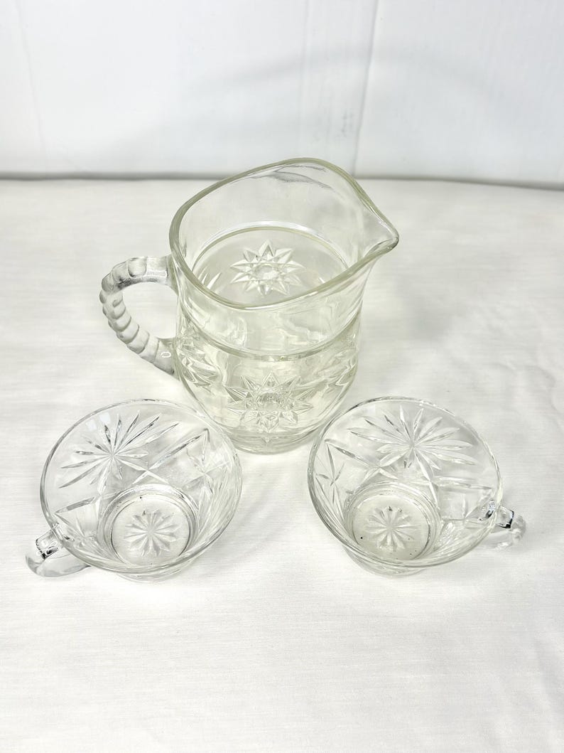 Vintage Starburst Glass Handled Pitcher & Cups - Etsy