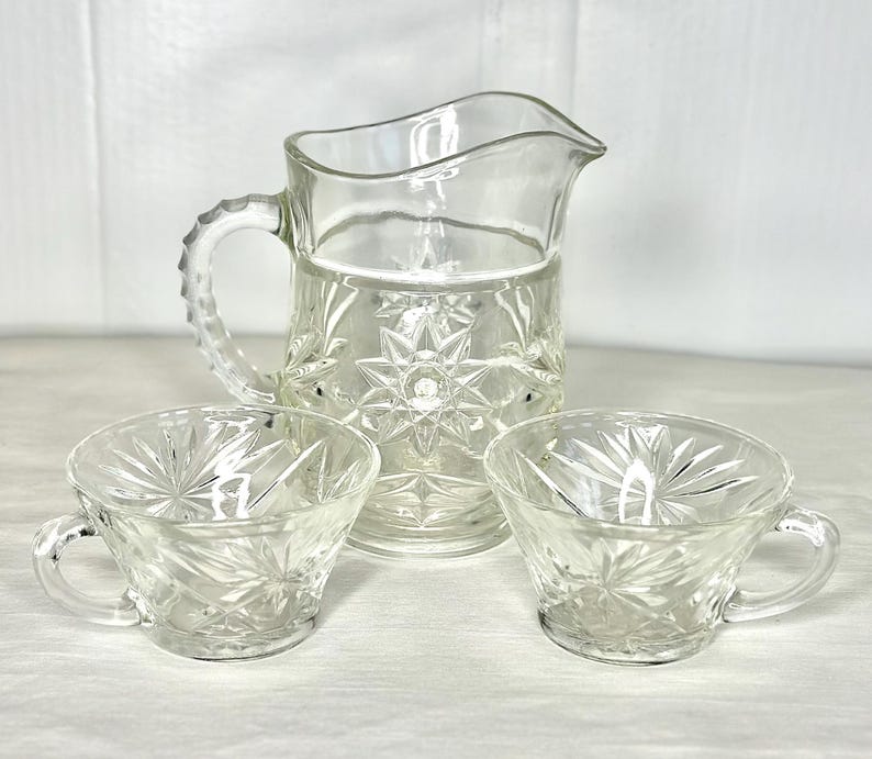 Vintage Starburst Glass Handled Pitcher & Cups - Etsy
