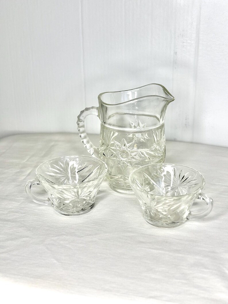 Vintage Starburst Glass Handled Pitcher & Cups - Etsy