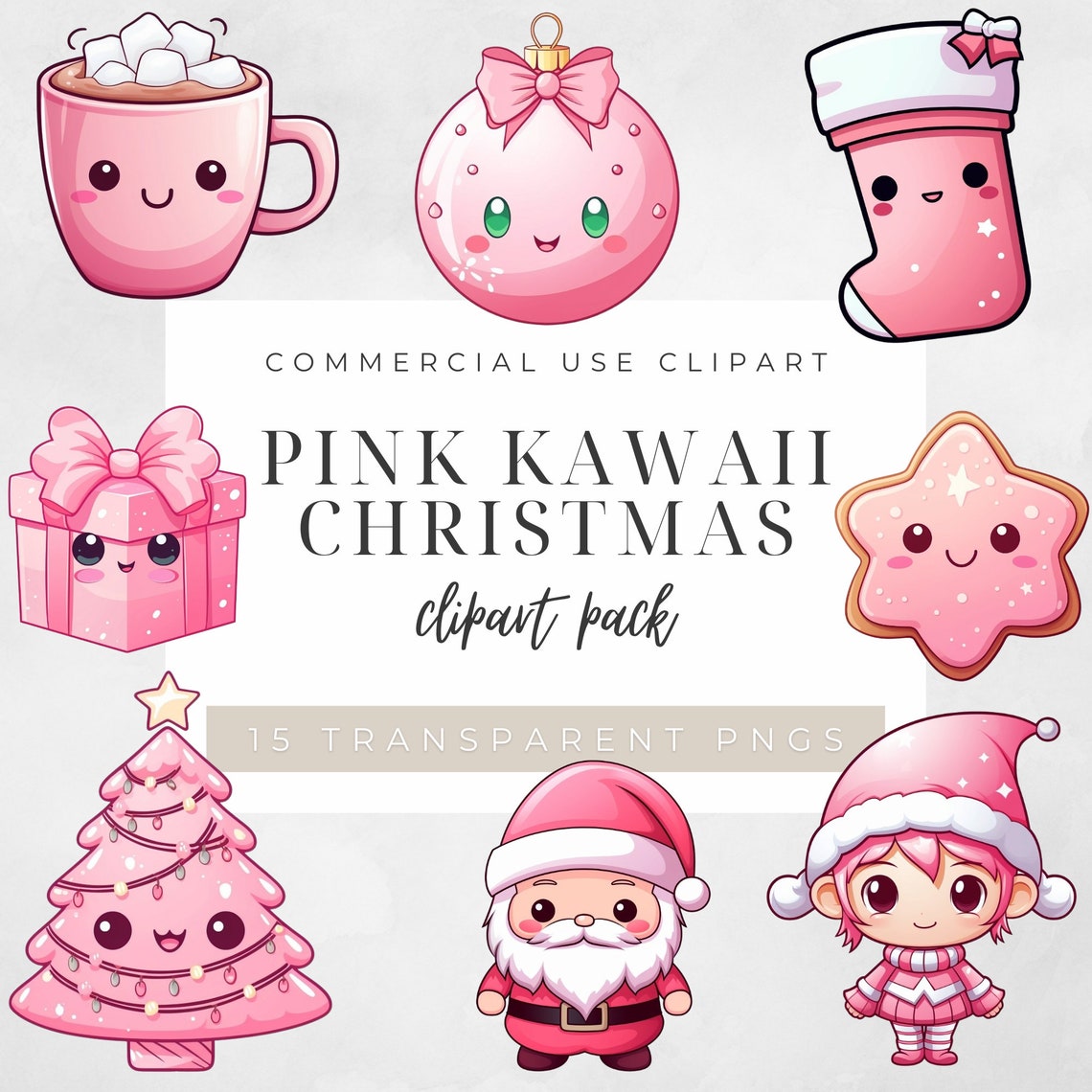 Cute Kawaii Christmas Clipart Pink Christmas PNG Santa Claus Clipart ...