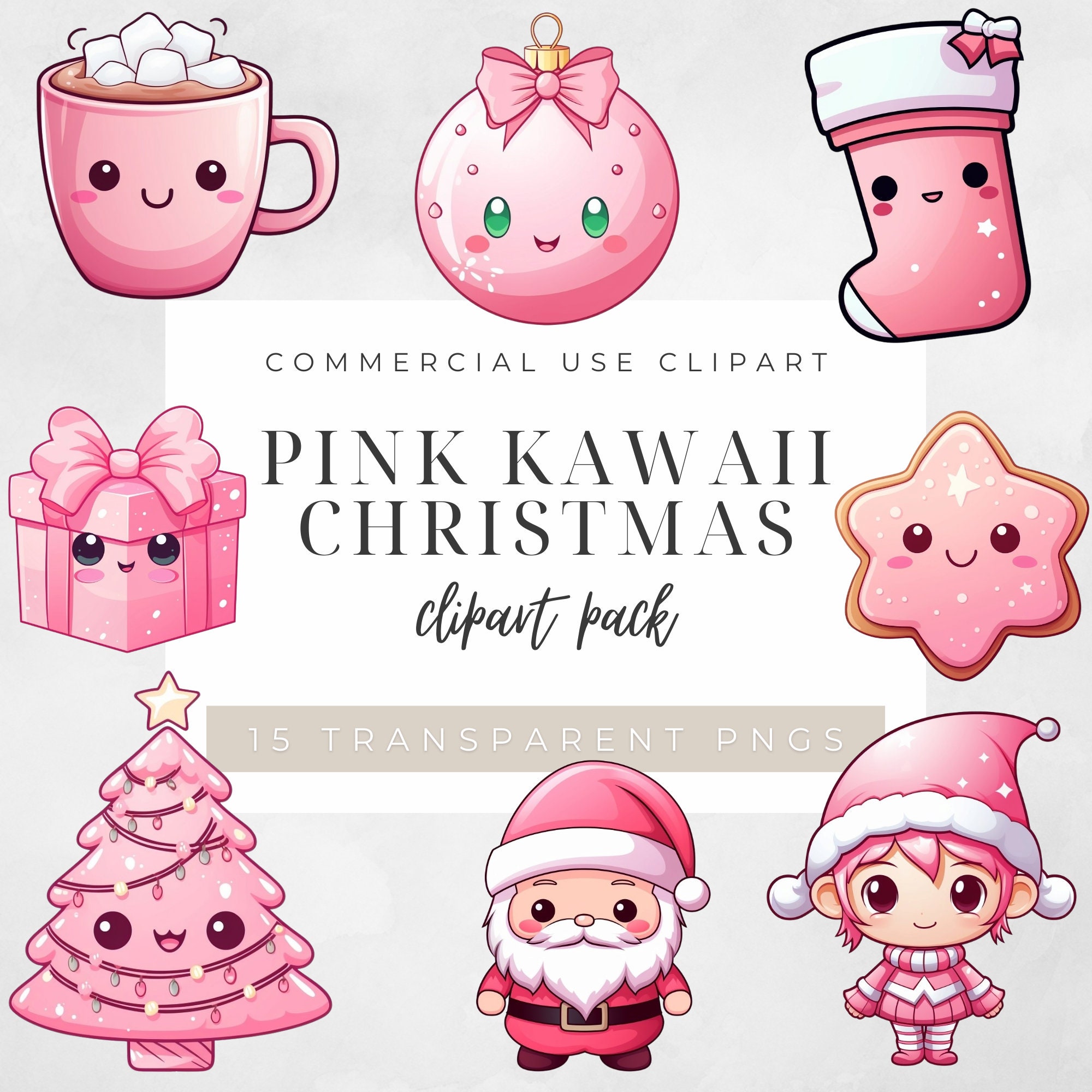 Cute Kawaii Christmas Clipart Pink Christmas PNG Santa Claus Clipart ...