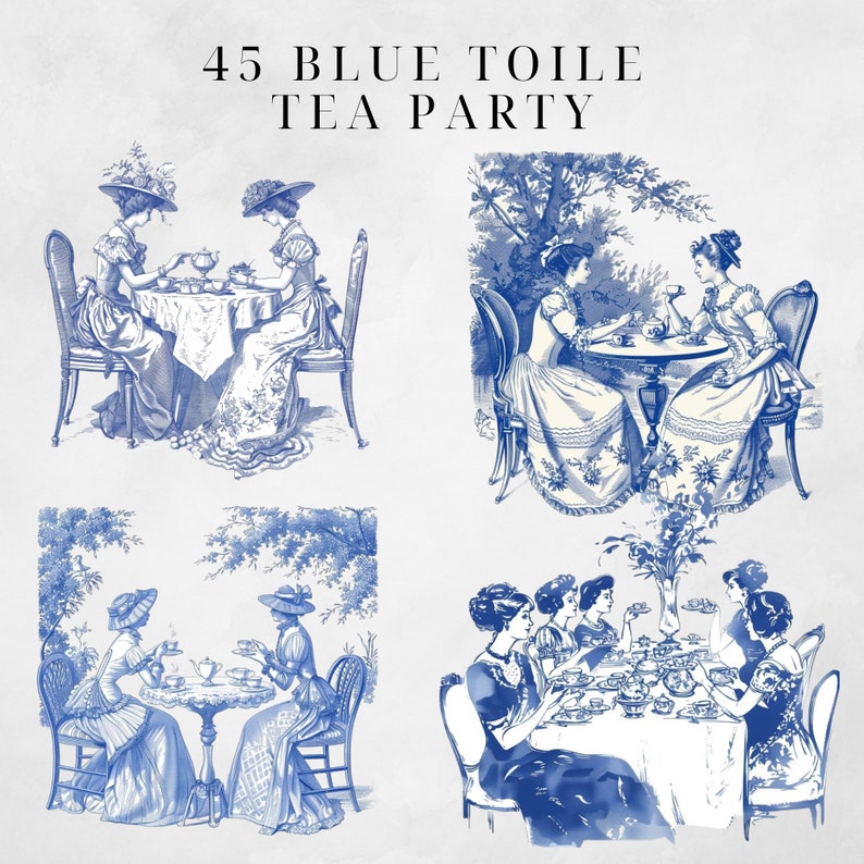 Bridal Tea Party Clipart Blue Toile Clipart Watercolor Blue Tea Party ...