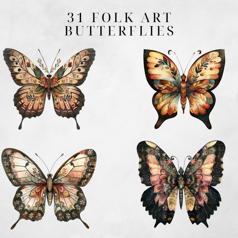 Folk Butterfly Clipart Whimsical Clipart Gouache Clipart Moth Clipart ...