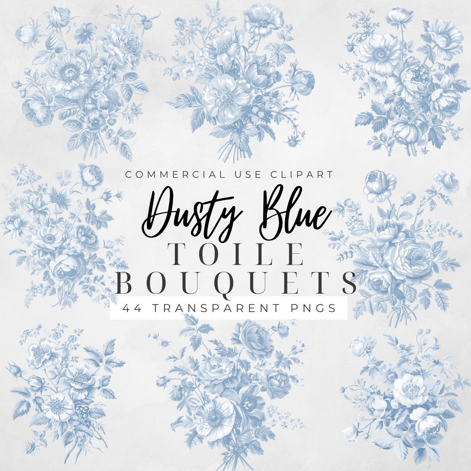 Dusty Blue Toile Flower Clipart Blue Flower Clipart Toile De Jouy ...