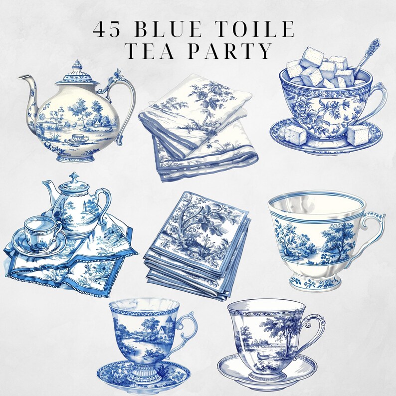 Bridal Tea Party Clipart Blue Toile Clipart Watercolor Blue Tea Party ...