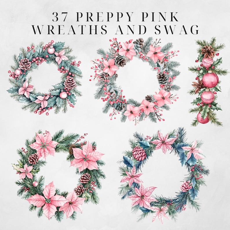 Preppy Pink Christmas Wreath Clipart Preppy Christmas Clipart Preppy ...