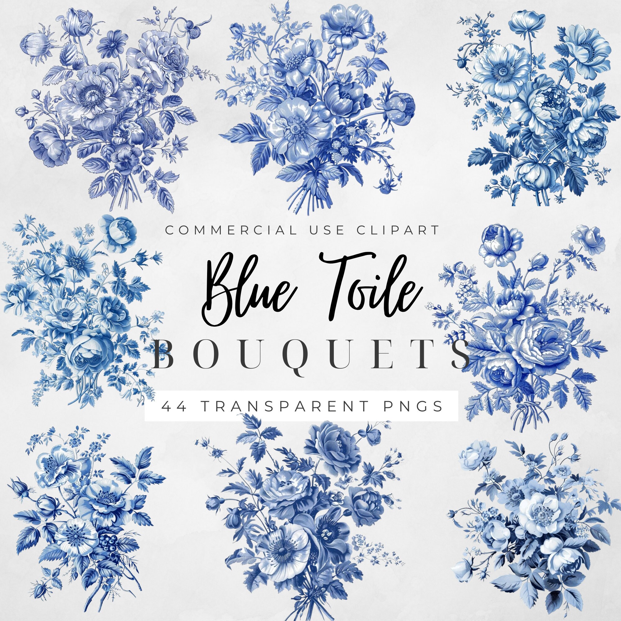 Blue Toile Flower Clipart Blue Flower Clipart Toile De Jouy Clipart ...