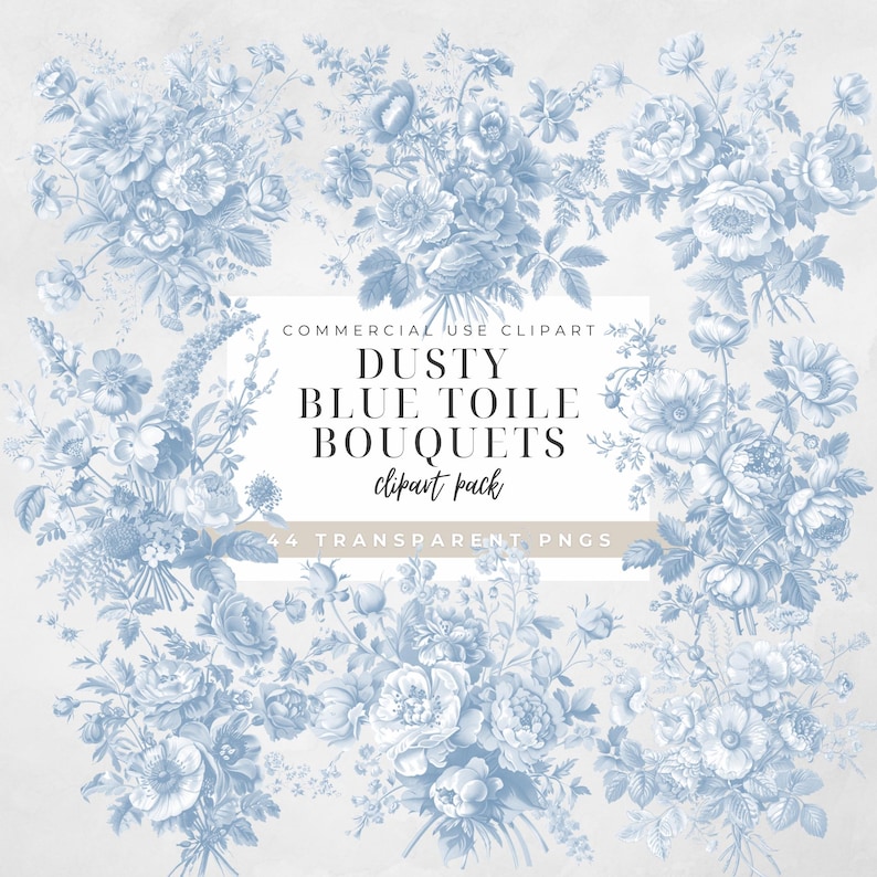 Dusty Blue Toile Flower Clipart Blue Flower Clipart Toile De Jouy ...