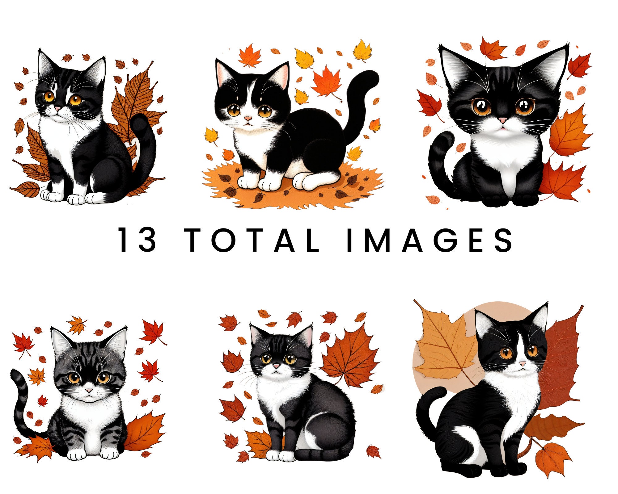 Fall Cats Clipart PNG Bundle, Seasonal Clipart Bundle, Japanese Ink ...