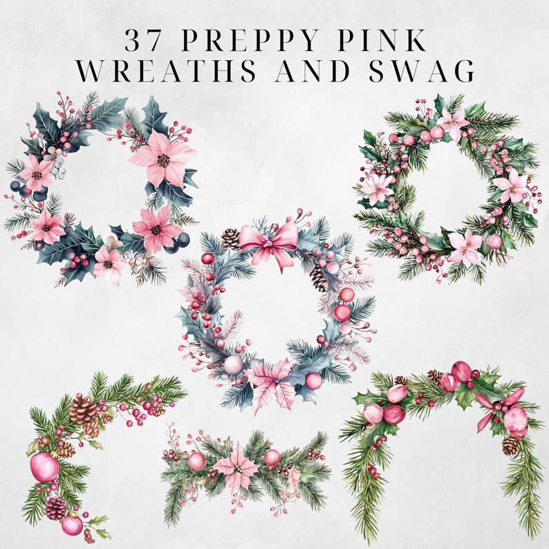 Preppy Pink Christmas Wreath Clipart Preppy Christmas Clipart Preppy ...