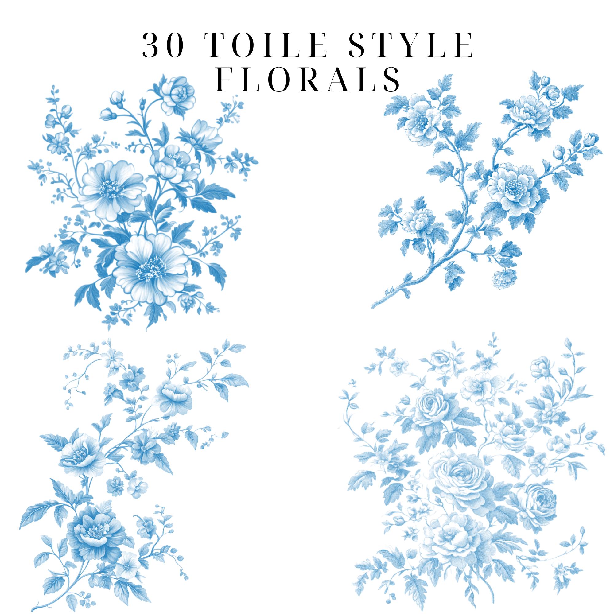 Blue Toile Flower Clipart Toile Baby Shower Clipart Toile De Jouy ...