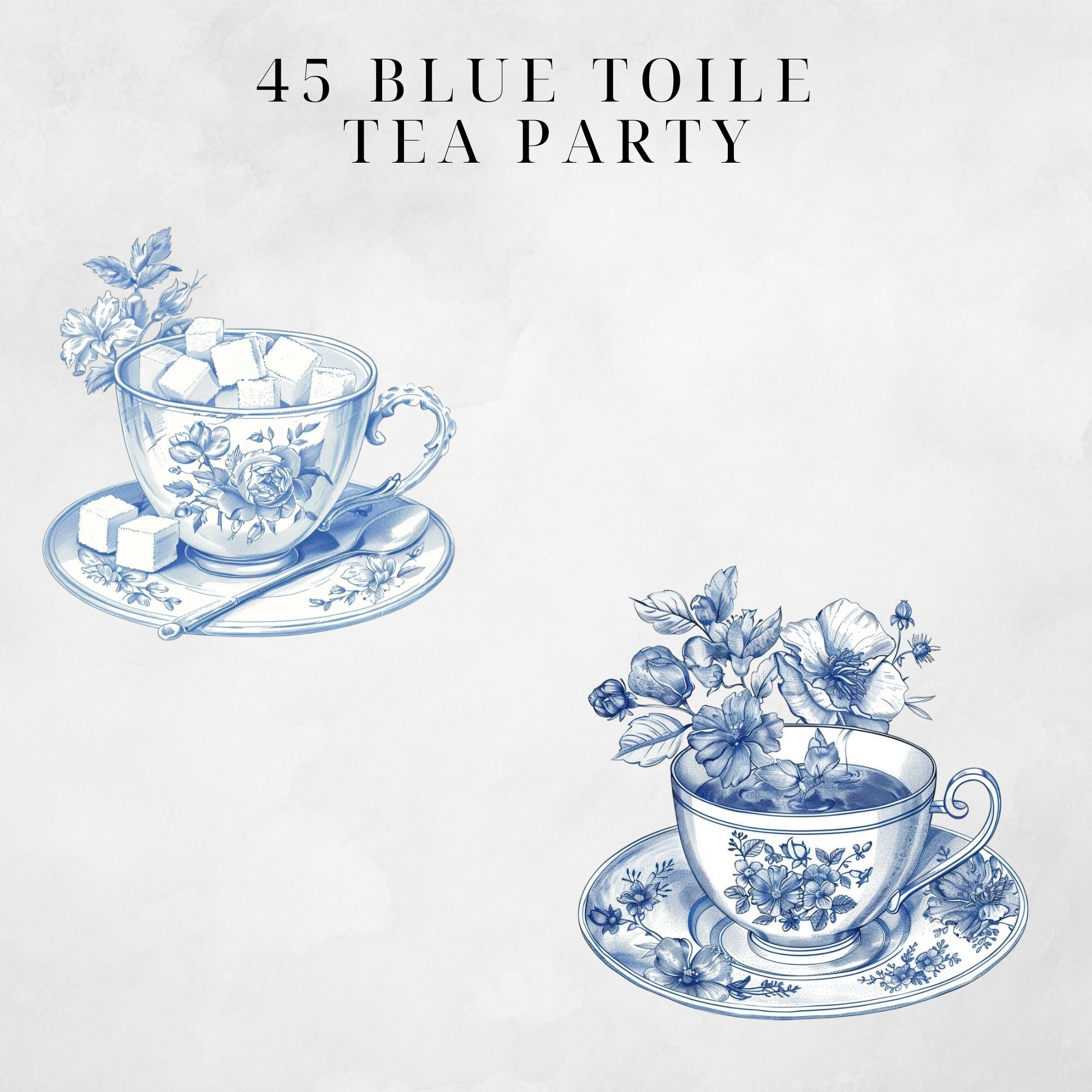 Bridal Tea Party Clipart Blue Toile Clipart Watercolor Blue Tea Party ...