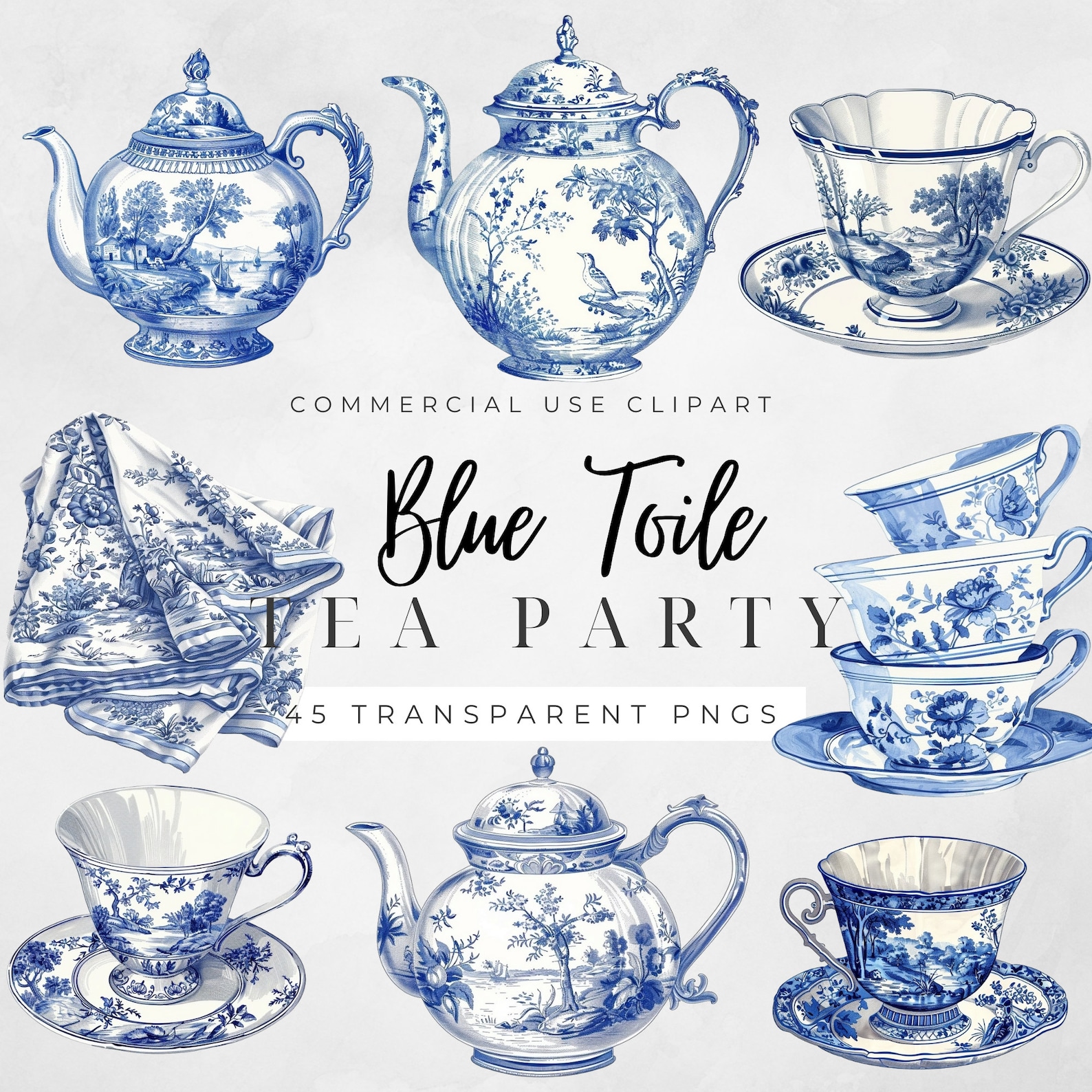 Bridal Tea Party Clipart Blue Toile Clipart Watercolor Blue Tea Party ...