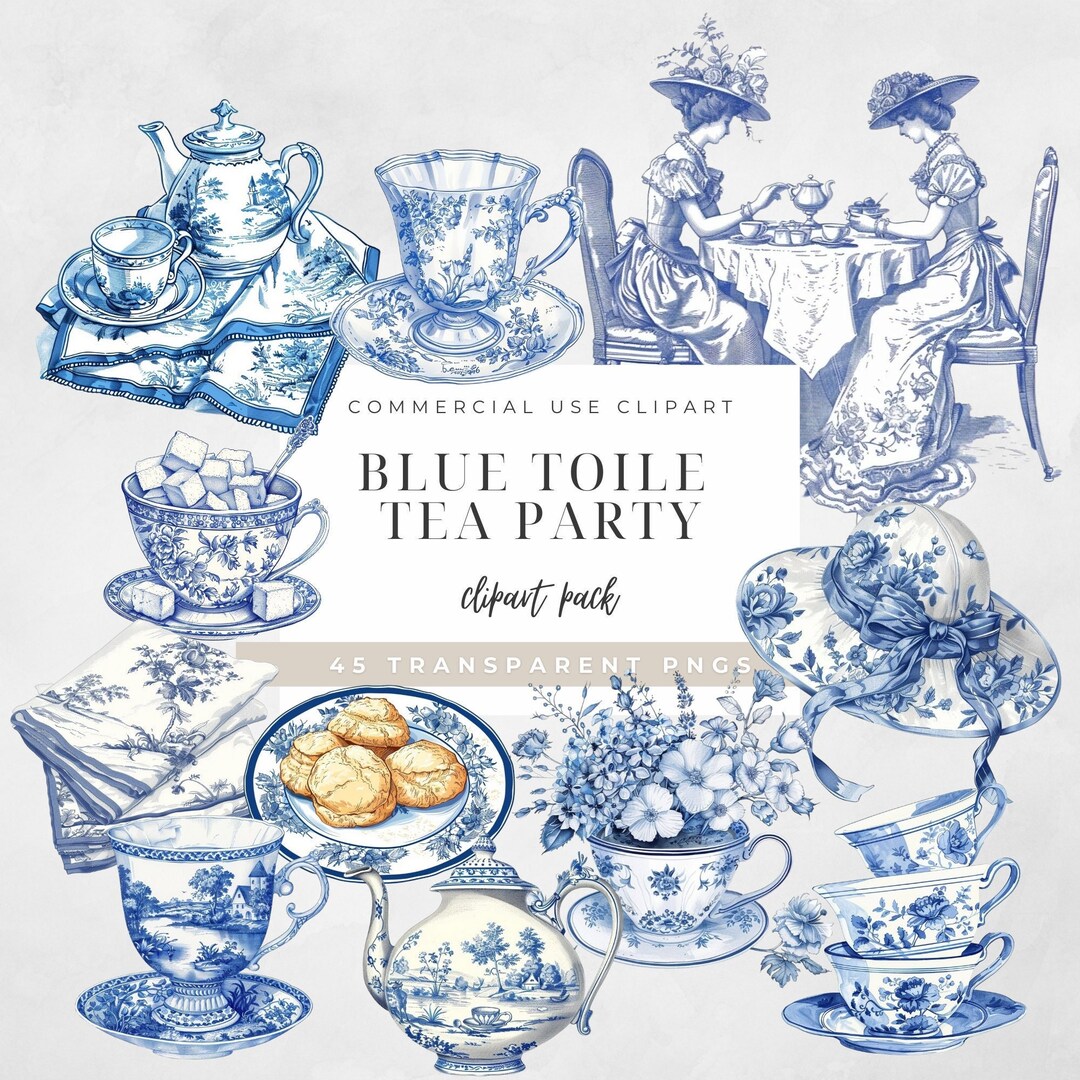 Bridal Tea Party Clipart Blue Toile Clipart Watercolor Blue Tea Party ...
