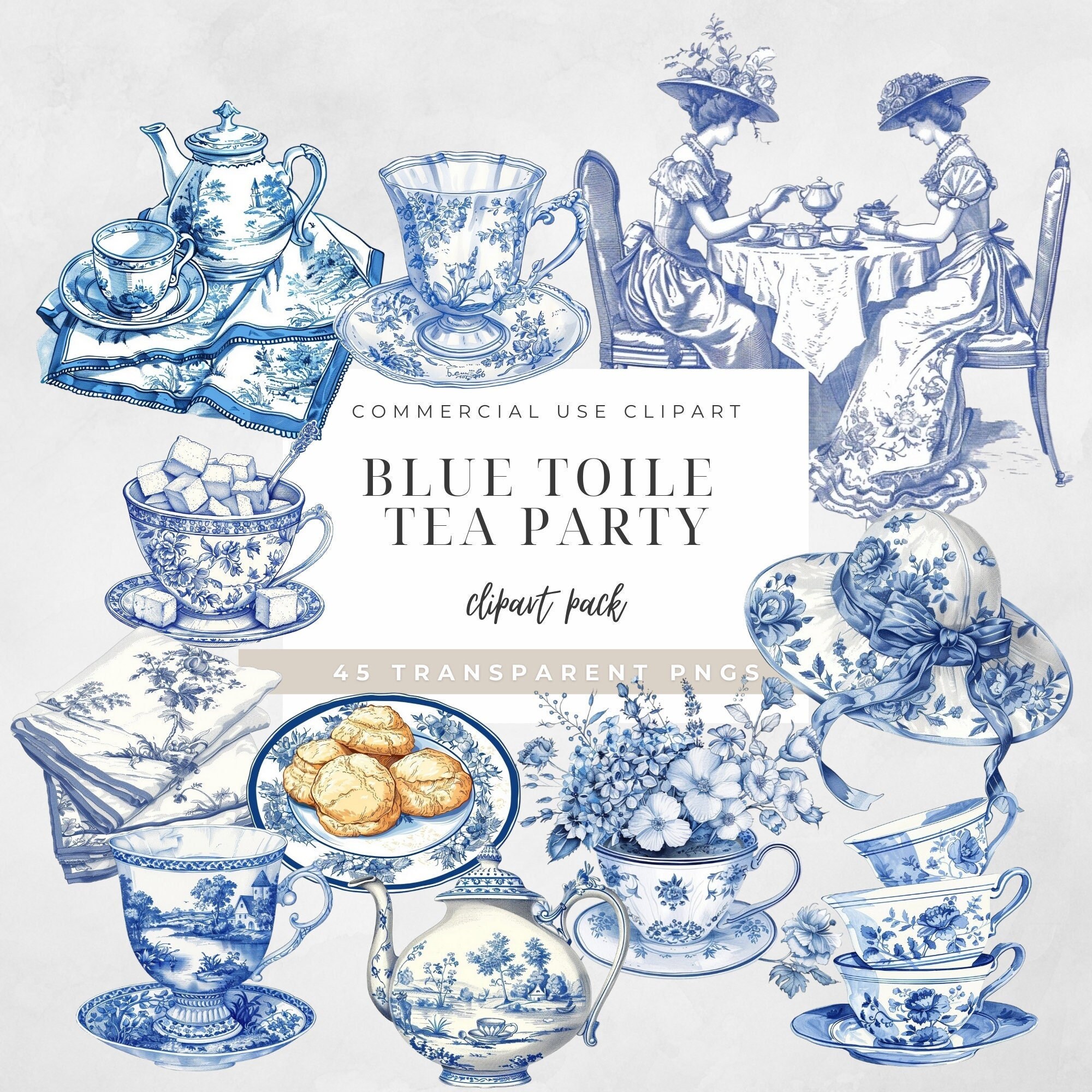Bridal Tea Party Clipart Blue Toile Clipart Watercolor Blue Tea Party ...