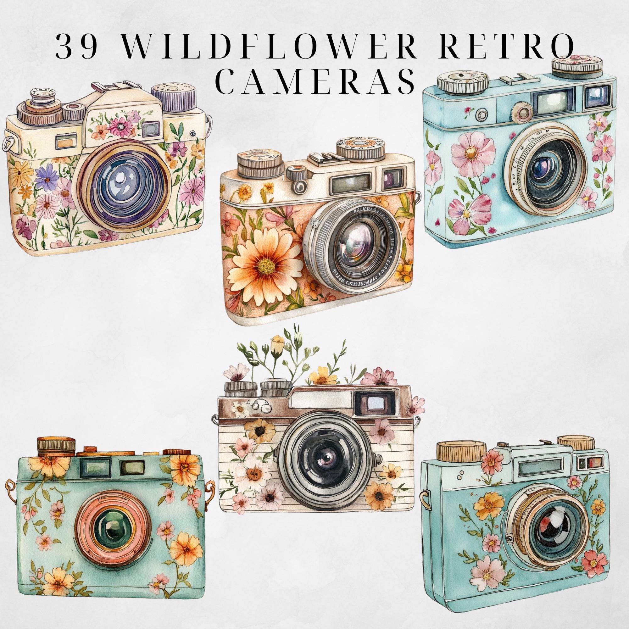 Watercolor Floral Camera Clipart 80s Retro Floral Clipart Watercolor ...