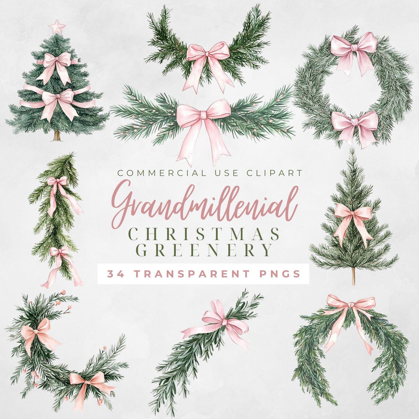 Watercolor Christmas Garland Clipart Garland Pink Bow Watercolor ...