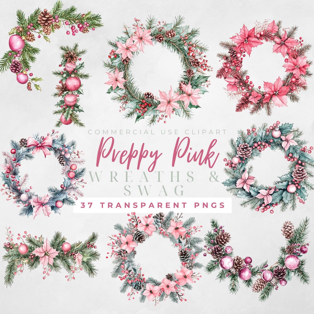 Preppy Pink Christmas Wreath Clipart Preppy Christmas Clipart Preppy ...